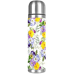 Stainless Steel Leather Vacuum Insulated Mug Flowers Thermos Water Bottle for Hot and Cold Drinks Kids Adults 16 Oz