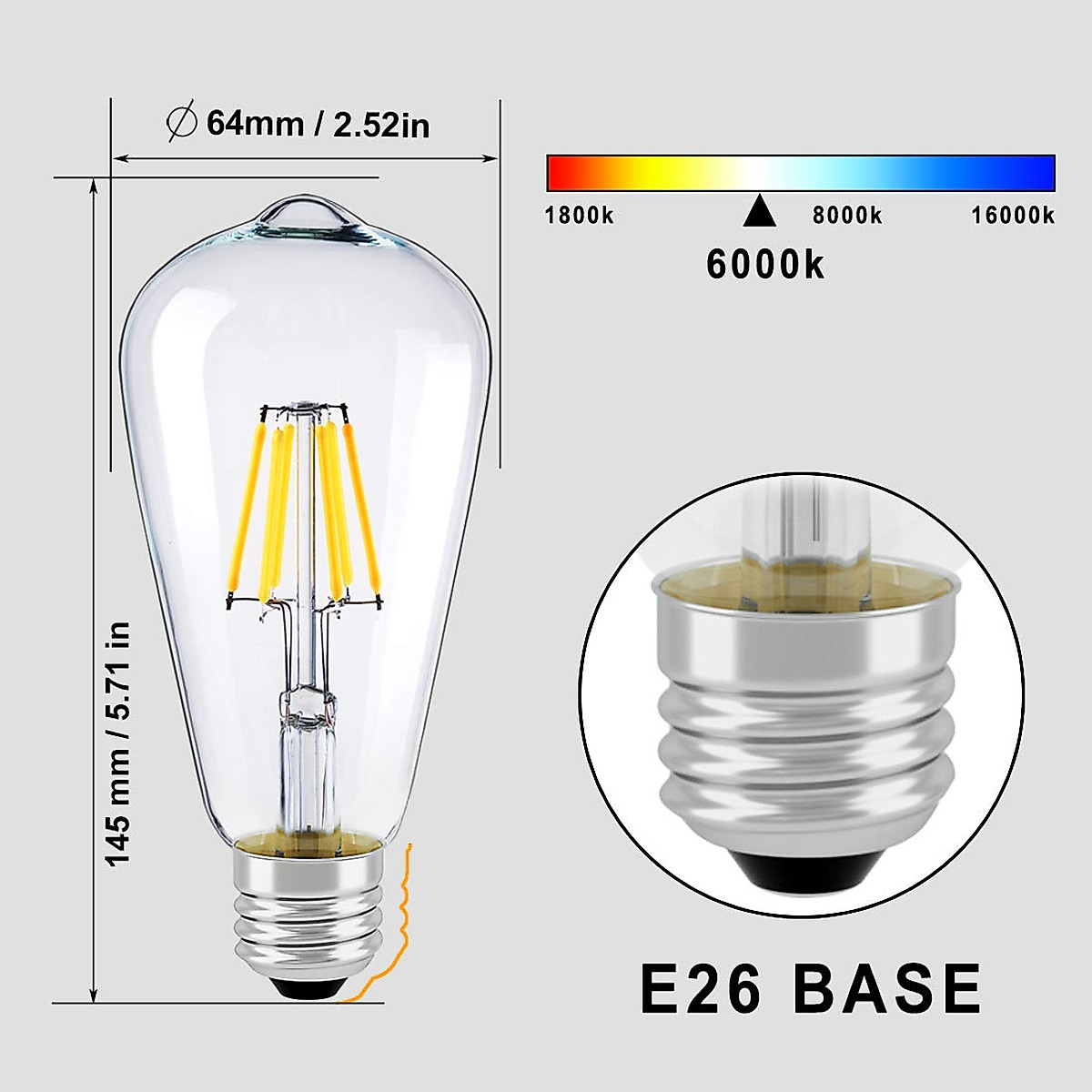 LUXON LED Edison Bulb Dimmable Vintage Style Light Bulbs 6W 5500K - 6000K Bright Daylight White E26/E27 Base 6-Pack Antique Bulb