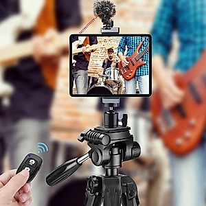 Aluminum IPad Pro Tripod Mount Adapter Holder With Cold Shoe Ball Head and Bluetooth Shutter for iPad Pro 12.9 11 10.5, iPad Air Mini, Surface Galaxy Tab, Video Recording 3.5 to 13.5" iPhone Tablet