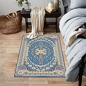 Paisley Blue Area Rug 3x5 for Entryway, Washable Low Pile Soft Non Silp Small Rug for Bedside