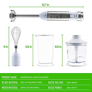 Vinchef 5 in 1 Immersion Hand Blender, 300 Watt, Multi-Speed Stainless Steel Handheld Stick Blender with 700ml Beaker, Whisk, Chopper/Grinder Bowl and Wall Rack, BPA-Free