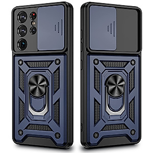 VEGO Compatible for Galaxy S21 Ultra Case with Slide Camera Cover & Kickstand, Built-in 360° Rotate Ring Stand Magnetic Cover Case for Samsung Galaxy S21 Ultra 5G 6.8 inch - Blue