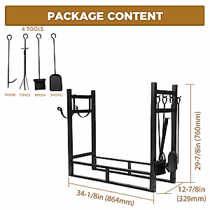 HECASA 33 Inch Firewood Rack w/Kindling Holder Include Shovel Poker Tongs Brush Heavy Duty Steel Indoor Outdoor Fireplace Log Rack