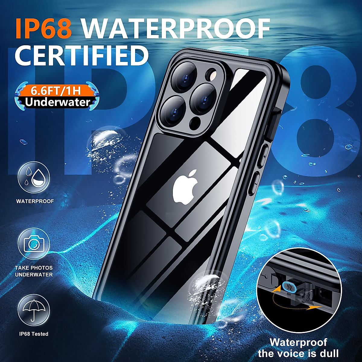 Justcool for iPhone 15 Pro Max Case Waterproof [14FT Military Dropproof] [IP68 Underwater] Built-in Screen Protector & [Tempered Glass Camera Lens Protector] Full Body Shockproof Phone Case, Black