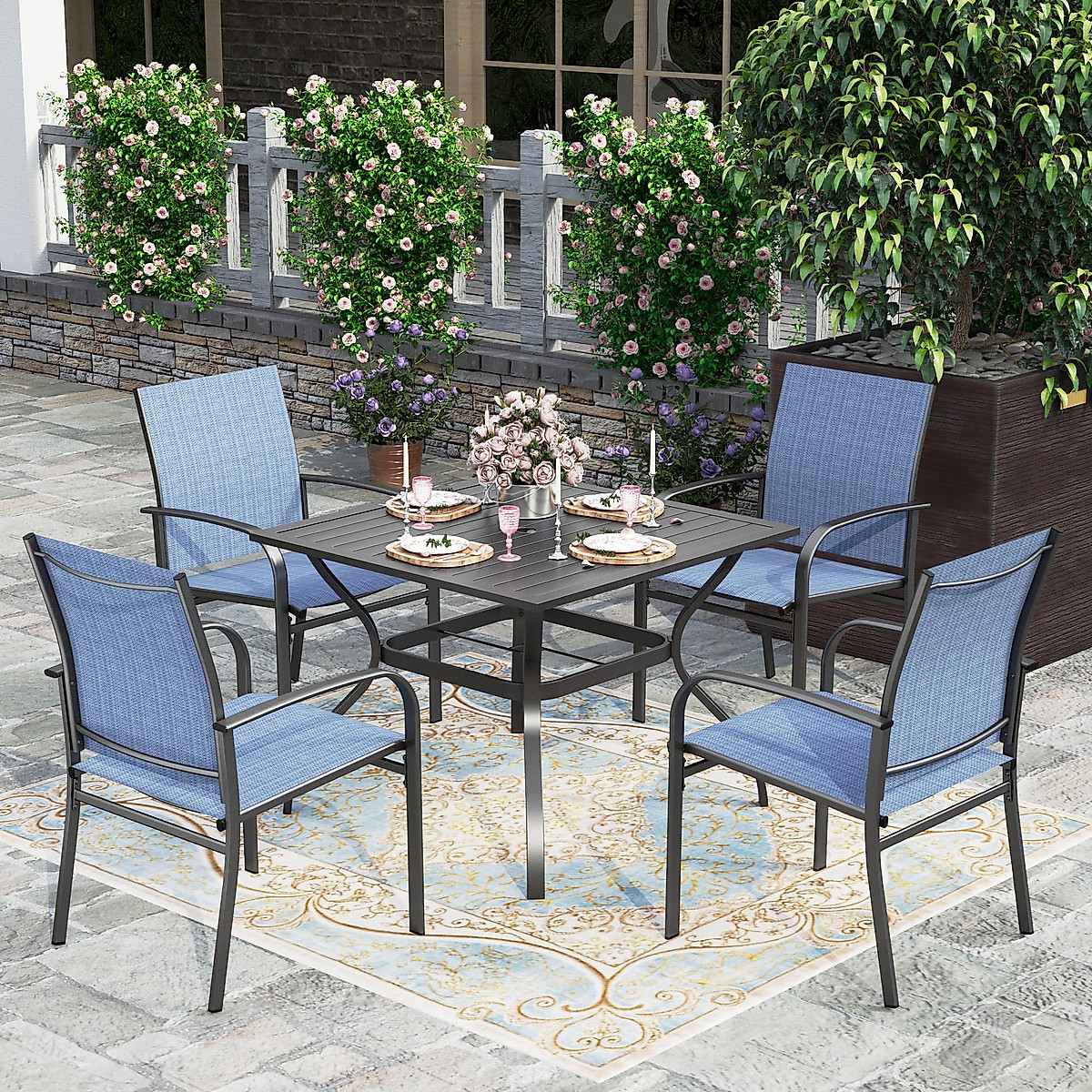HERA'S HOUSE 5 Pieces Patio Dining Set, Outdoor Table and Chairs Set for 4, 4 x Blue Textilene Dining Chair, 37" Square Metal Dining Table, for Lawn Garden Backyard Deck