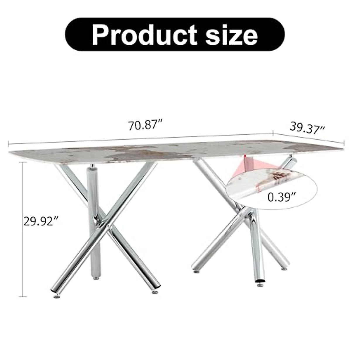 FURNITO 71" Glass Dining Table for 6-8, Faux Marble Glass White Desktop 0.39" and Sliver Metal Legs, Ideal for Living Room and Dining Room (1 Table (White))