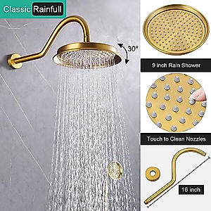 Homekicen Brushed-Gold Antique Shower System with Jets: 9 inch Rain Faucet Sets Complete Wall Rainfall Head and Handheld Spray Fixtures Combo, 3 Way Diverter Brass Rough in Valve Trim Kit