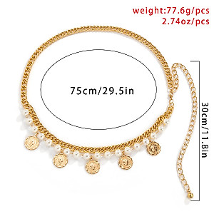 Wiwpar Pearl Waist Chain Belt Coin Pendant Beach Body Chains Fashion Body Belly Belt Waist Chain for Women and Girls (Gold)