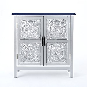 Christopher Knight Home Alana Firwood Cabinet with Faux Wood Overlay, Silver / Navy Blue
