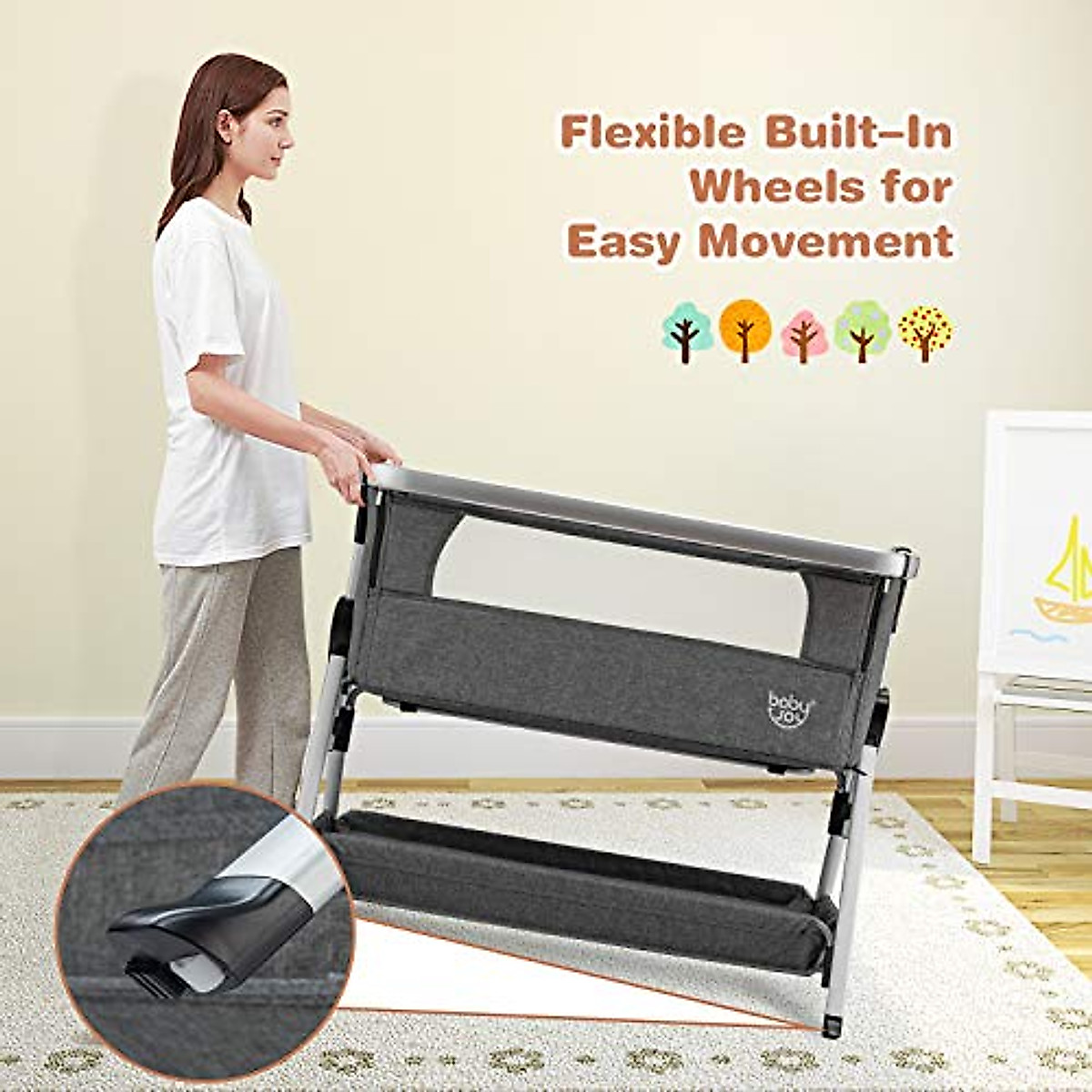 BABY JOY Bedside Bassinet, Portable Baby Crib w/Mattress, Two-Side Breathable Mesh, 7 Height Adjustable, Large Storage, Wheels for Easy Movement, Crib for Newborn Infant, Bassinet for Baby, Dark Grey