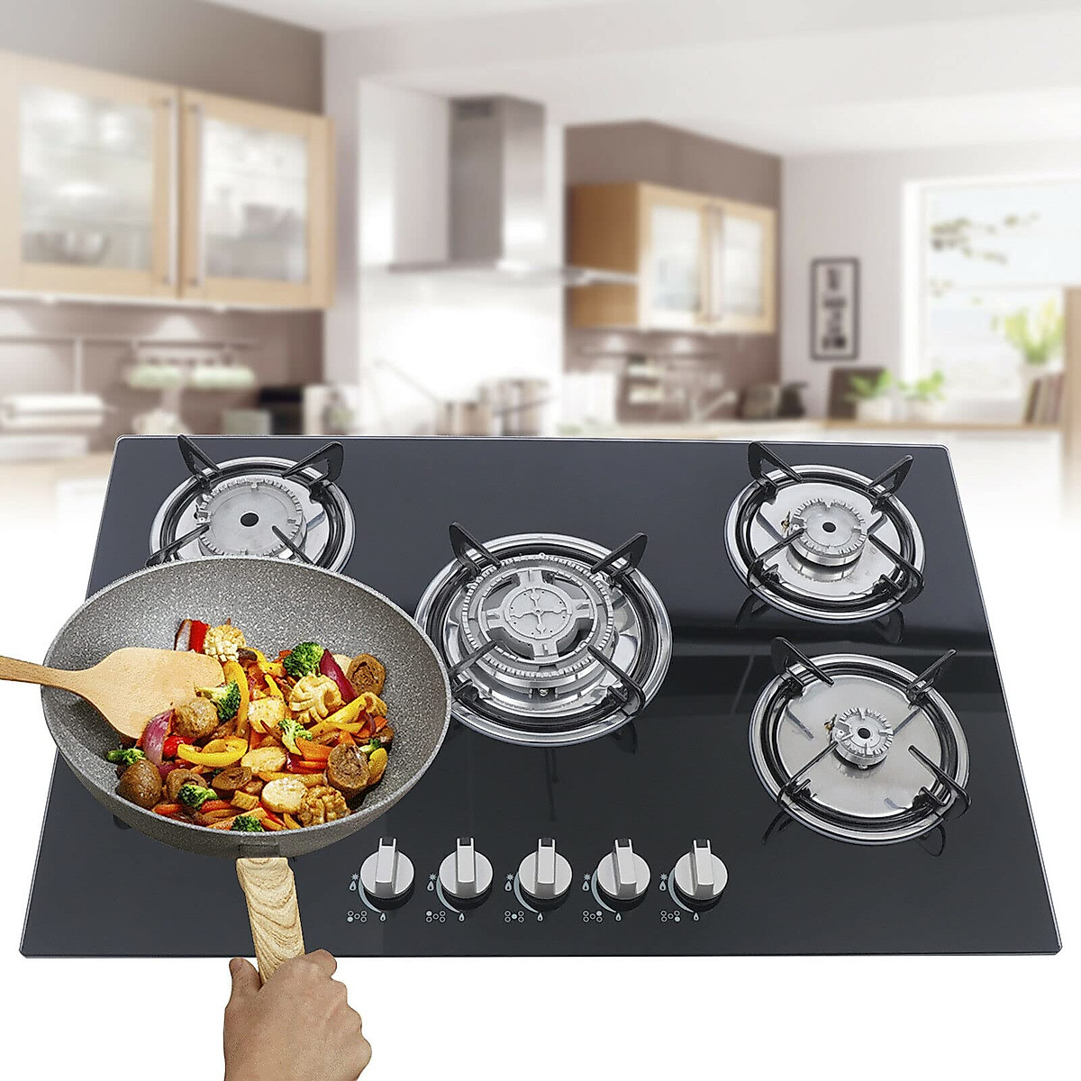 BJTDLLX 30" Gas Cooktop, Built-in 5 Burners Gas Stove Gas Hob Stovetop Thermocouple Protection Gas Range, Tempered Glass Cooktop Porcelain Ena Grates, Natural Gas LPG Gas Easy to Clean, 30.3”*20”