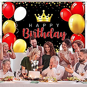 Happy Birthday Backdrop Birthday Banner Birthday Party Decorations Photo Booth Background Supplies Printed with Crown & Balloons 6 x 4ft (Black and Red)