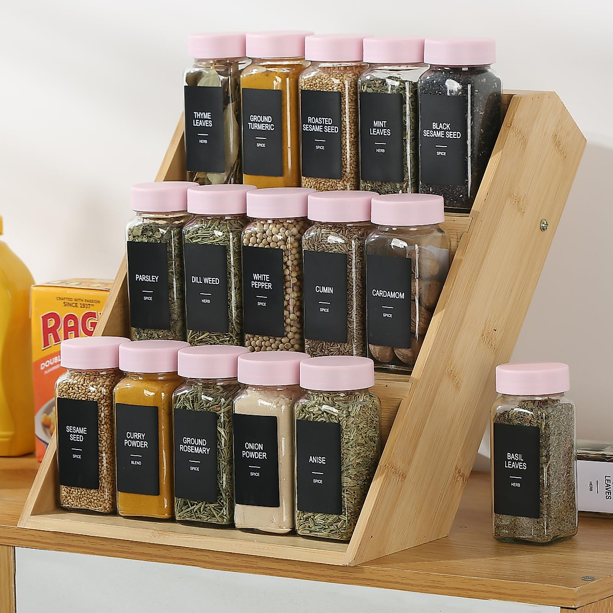 GMAMXD 24 Glass Spice Jars with Labels,Spice Jar Set,4oz Seasoning Containers,Spice Containers with Pink Airtight Lids and Shaker Lids,Square Empty Spice Bottles, 492 Labels,2 Marker Pens,1 Funnel