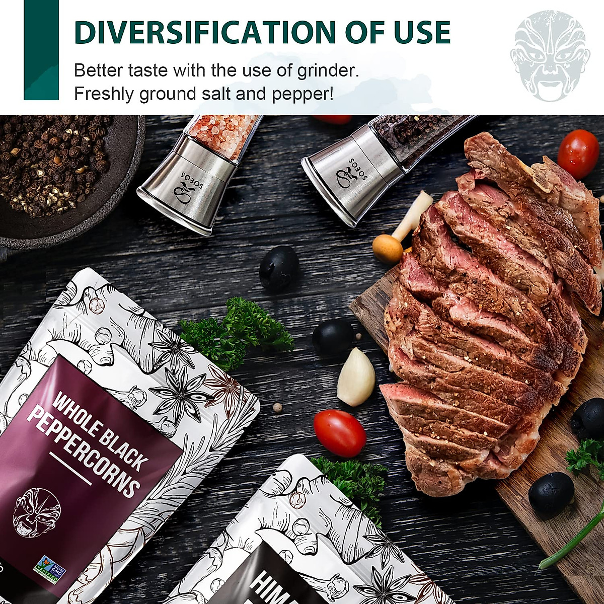 Soeos Whole Black Peppercorns 16oz + Himalayan Pink Salt 2lb, Salt and Pepper for Grinders, Black Peppercorn Refil, Pink Himalayan Sea Salt, 2 Piece Set