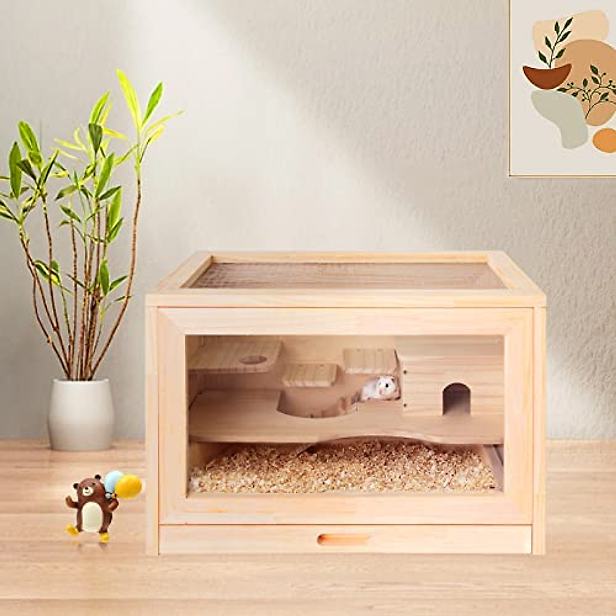 Kaiyopop Hamster Cage Large Wooden Hamster Cages and Habitats, Natural Wooden Hamster House (23.6" L X 15.7" W X 15.7”H) Acrylic Hamster Cage Small Animal Habitat for Rabbits, Guinea Pig, Chinchilla