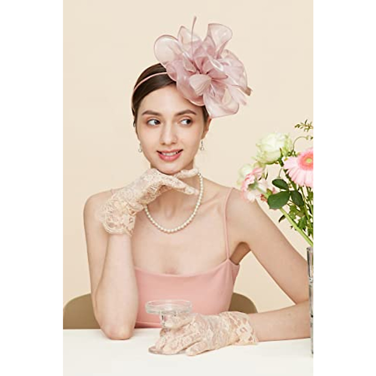 Gionforsy Kentucky Derby Hat Fascinator Veil Fascinator Headband Lace Gloves Imitation Pearl Necklace Earrings Feather Pillbox Fascinator for Wedding Tea Party (Style 6-Pink)