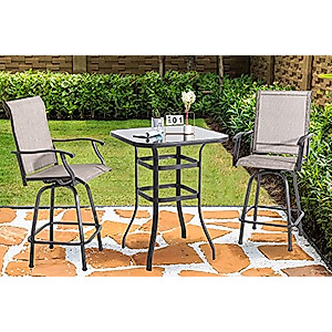 Shintenchi 3 Pieces Patio Swivel Bar Set, All Weather Textile Fabric Outdoor High Bar Stool Bistro Set with 2 Bar Chairs and Glass Table for Home, Backyard, Garden, Lawn, Porch (Brown)