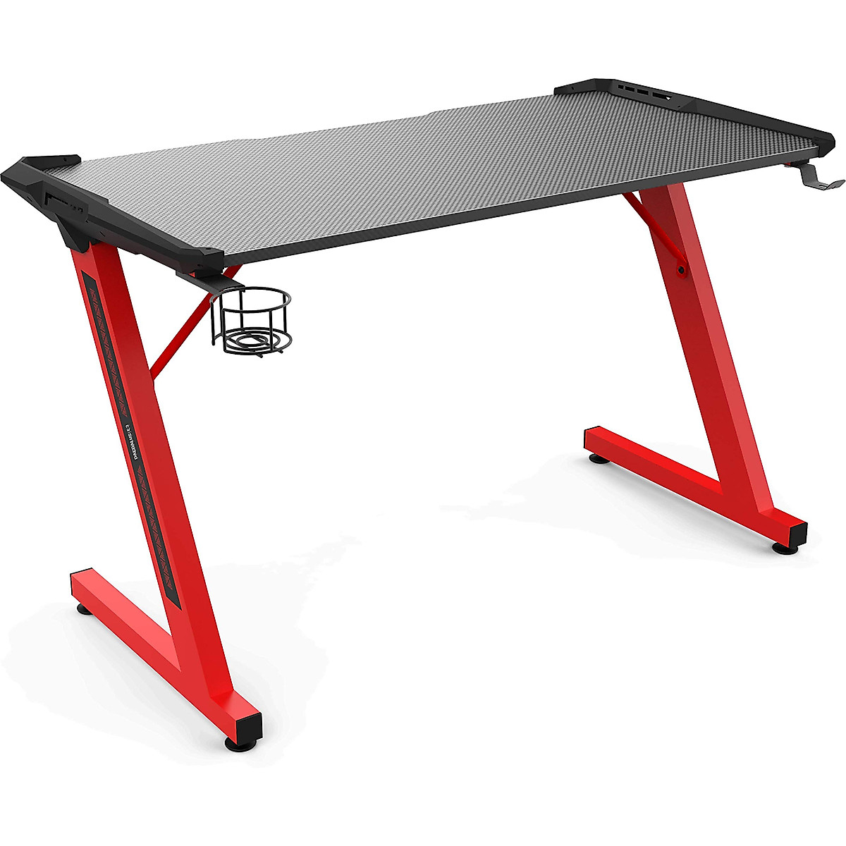 GAMDIAS Zeus Large Gaming Desk with Carbon Fiber Look Surface Home Office Computer Table, Gamer Workstation with The Cup Headset Holder, Black, Red