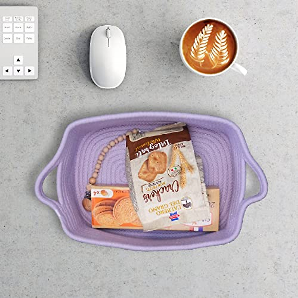 Woven Cotton Rope Storage Basket with Handles for Organizing Shelves Closet Small Cat Dog Pet Toy Basket Box Bin Decorative Rectangle Baby Nursery Basket Gift Basket Empty(Light Purple)