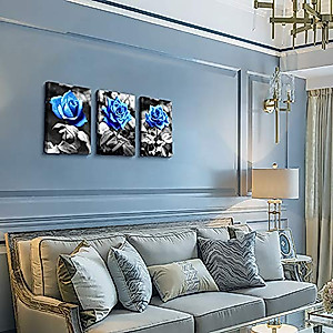 Bedroom Wall Art For Living Room Bathroom Wall Decor For Kitchen Family Pictures Artwork Black And White Blue Rose Flowers Canvas Paintings 12" X 16" 3 Pieces Framed Modern Office Home Decorations