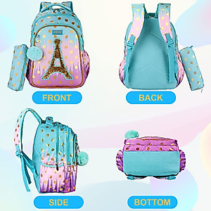 SARHLIO Kids Backpack 16" for Girls with Pencil Case Ball Pendant Cute Bookbag Lightweight Durable Water Resistant School Backpack Set for Elementary School Outdoor Travel Sequin Tower(BPK36C)