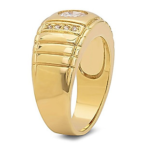 The Bling Factory Large 23mm 14k Gold Plated Notched CZ Band w/Round CZ Solitaire Ring, Size 7.5