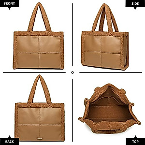 Like Dreams Women Soft Sherpa Tote Vintage Vegan Leather Winter Fashion Large Handbag Purse (Camel)