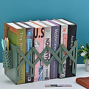 Shoccolt Adjustable Bookends Book Holders for 3 Compartments Heavy Duty Metal Steel Book Stand Desktop Organizer Expandable Bookshelf with Pen Holder for Home Office School Library (Green)