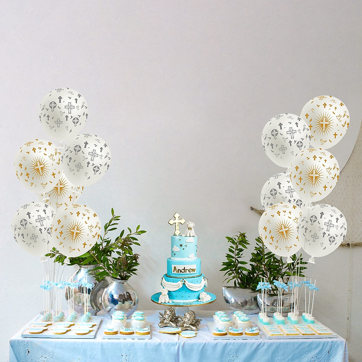 WATINC 36Pcs Cross God Bless Balloons, Baptism Party Decor Christening Confirmation Supplies, First Communion Decoration Religious Christian Balloon for Boy Girl Baby Shower Birthday Wedding (12 inch)