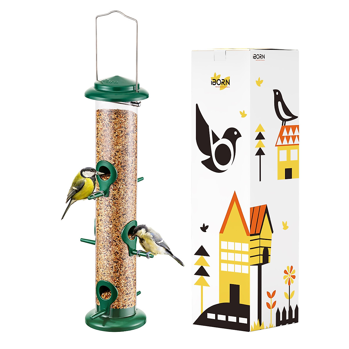 iBorn Metal Bird Feeders 6 Ports Hanging Wild Bird Seed Feeder for Mix Seed Blends, Niger Seed Feeder, Sunflower Heart, Birdbath, Heavy Duty All Metal Green Finishing 14 Inch 6Port