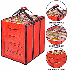 ProPik Christmas Ornament Storage Boxes with Dividers - 5 Separate Trays - Ornament Holder - Keeps 100 Holiday Ornaments - Durable Carrying Bag Handles Organizer Storage Box (Red)