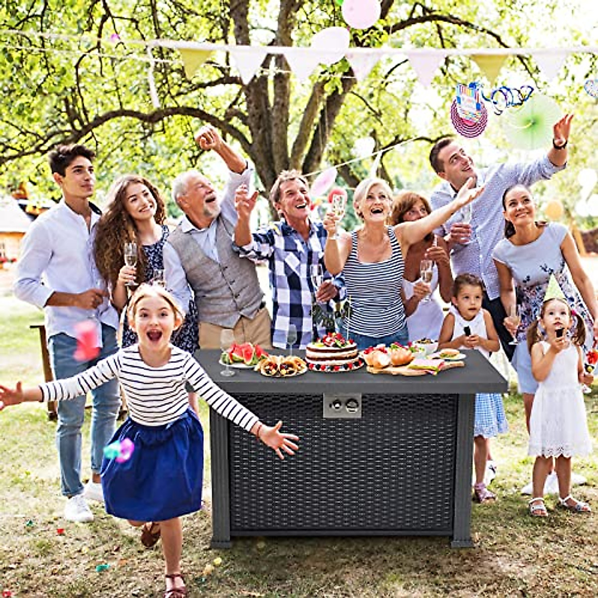 44 Inch Propane Fire Pit Table, PioneerWorks 50000BTU Rectangle Fire Table with Cover & Rain Cover, Sturdy Steel and Iron Fence Surface, CSA Safety Certified, Companion for Your Garden, Black