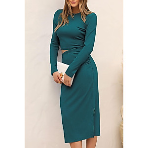 PRETTYGARDEN Womens 2024 Fall 2 Piece Outfits Track Suits Long Sleeve Crop Tops Bodycon Midi Skirt Slit Dress Matching Sets (Dark Green,Medium)
