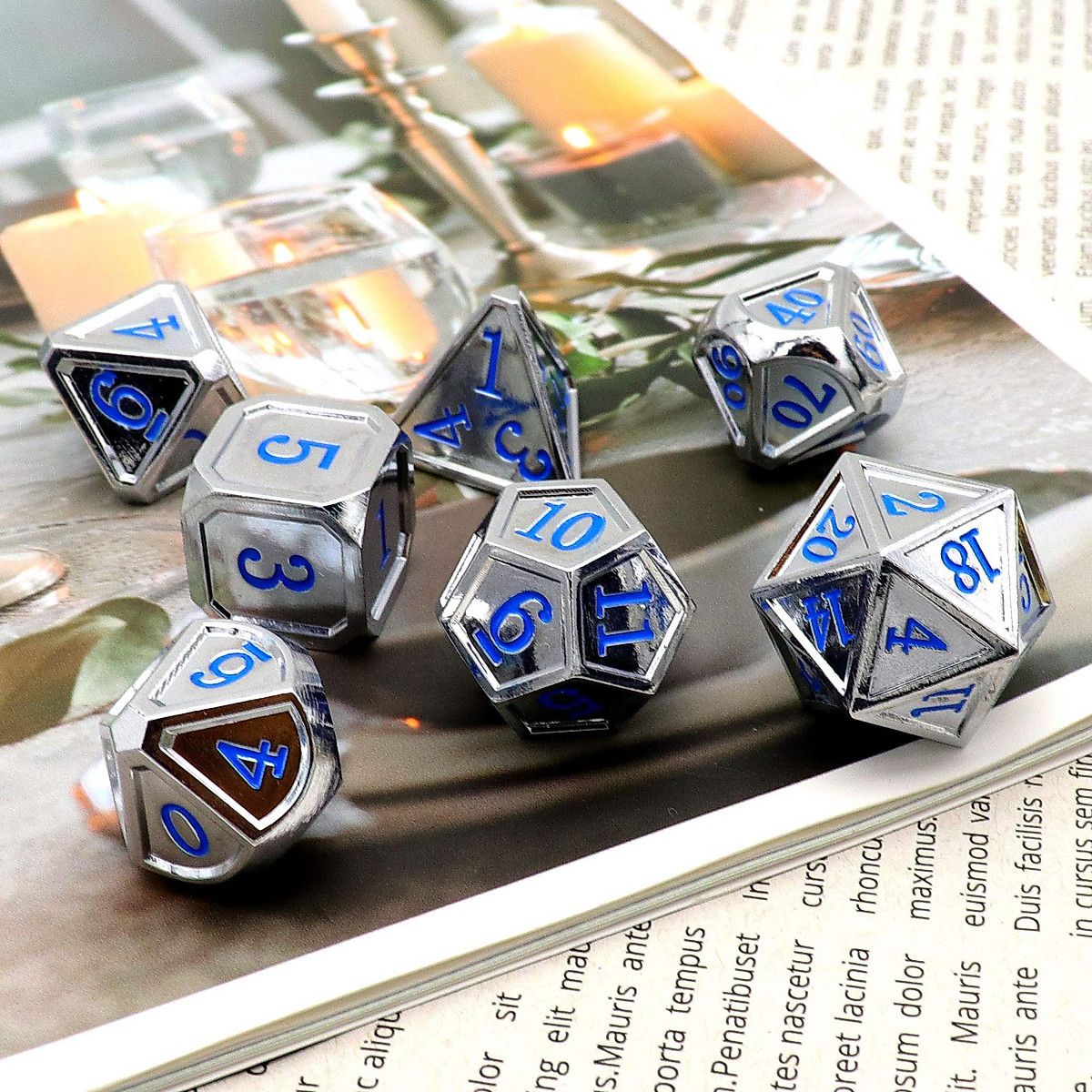 Haxtec Metal DND Dice Set Silver W/ Gift Metal Case D&D Polyhedral Dice for Dungeons and Dragons TTRPG-Silver Blue Numbers