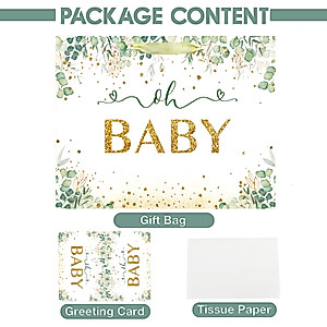 13" Large Baby Boy Girl Gift Bag for Baby Shower or Birthday with Handle, Tissue Paper and Greeting Card (Sage Green Design)
