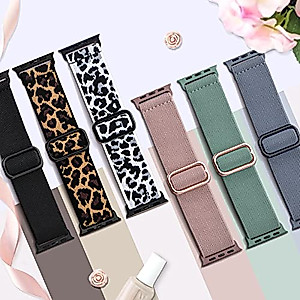 Stretchy Nylon Sport Bands Compatible with Apple Watch Band 38mm 40mm 41mm 42mm 44mm 45mm Women Men, Adjustable Braided Elastic Solo Loop Bands for iWatch SE Series 8/7/6/5/4/3/2，6 Packs E