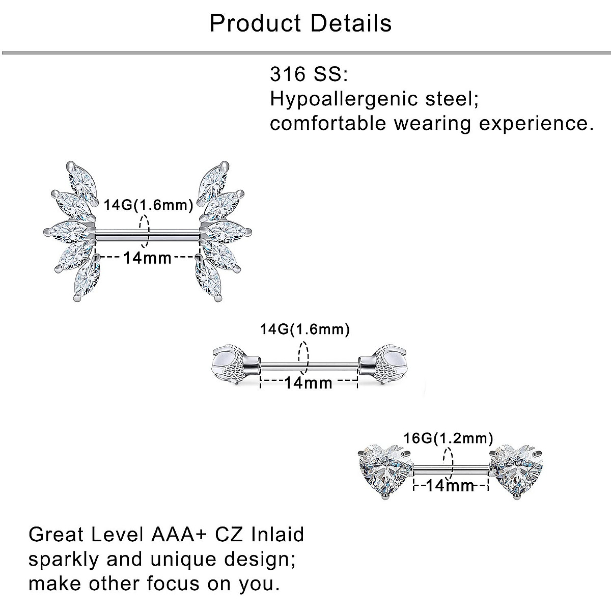 Lcolyoli 14G Surgical Steel Straight Barbell Rings for Women Straight Shield Barbell Ring Bar Body Piercing Jewelry Clear Diamond CZ Set Silver-Tone