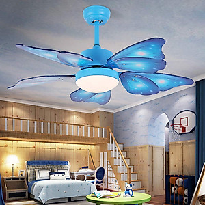 KWOKING Lighting Creative Butterfly Wing Ceiling Light and Fan with Remote Control 5 Blades LED Bedroom Hanging Fan Light Adjustable Speed for Kids Bedrooms - Blue