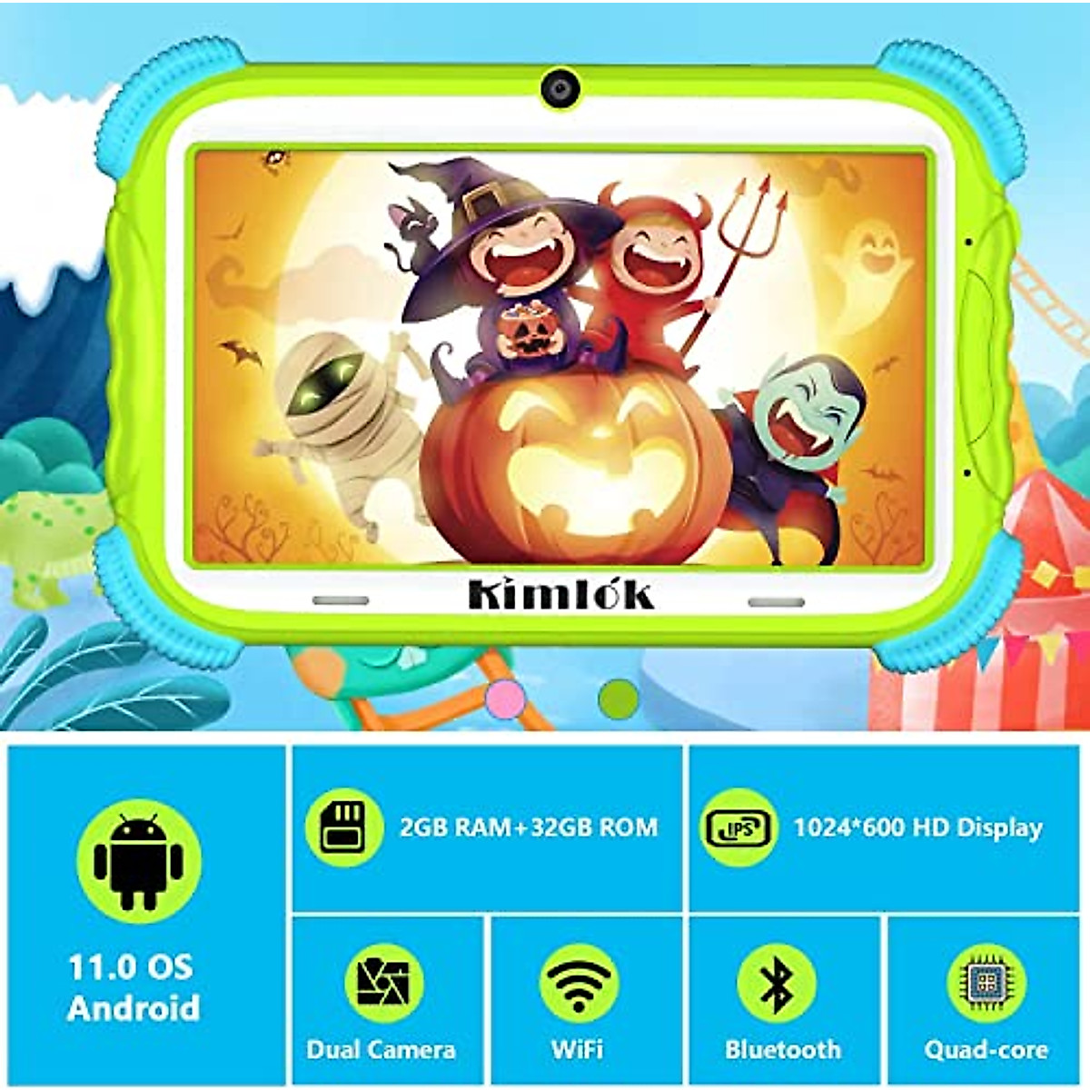kimlok Kids Tablet Tablet for Kids，Android 11, 7 Inch 2GB+32GB, WiFi, Parental Control APP，Dual Camera, Bluetooth, Friendly Learning Tablets for Kids with Case Included for Boy and Girl Green
