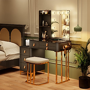 FREDEES Makeup Vanity with Lights-Vanity Desk with 10 Light Bulbs&3 Color Lighting Modes-Black Vanity Desk with Storage Dresser-Makeup Table with Mirror and Chair-Dressing Table with Glam Glass Top