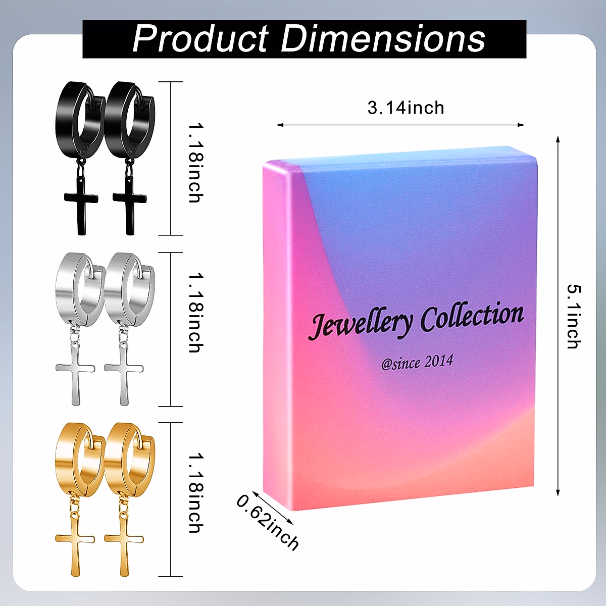 ONESING 15 Pairs Stainless Steel Earrings for Men Inlaid stud Cross Dangle Hinged CZ Earrings Stud Hypoallergenic Earrings Huggie Earrings Set for Women Men Ear Piercing Jewelry Black Steel Gold