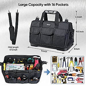 TICONN 16in Tool Bag with Waterproof Molded Bottom, Multi-Pockets Wide Mouth Tool Tote with Safety Reflective Straps, Adjustable Shoulder Strap
