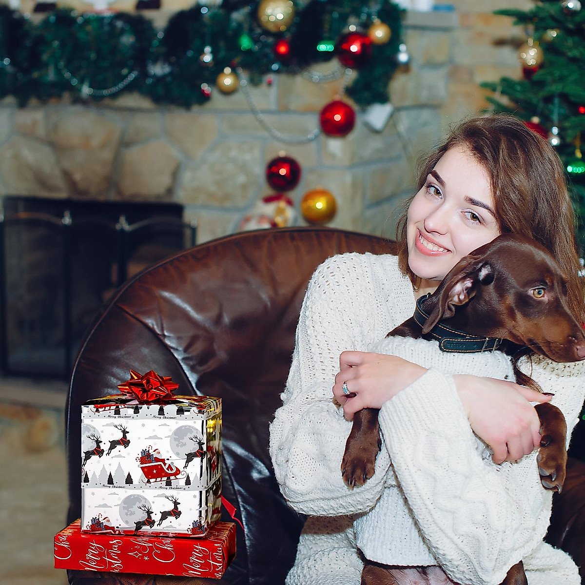 MAYPLUSS Reversible Christmas Wrapping Paper - 17 Inch X 33 Feet - Creative Red Santa Claus Riding a Sleigh Delivering Presents with Metallic Foil Design Winter Gift Wrap Paper for Holiday, New Year