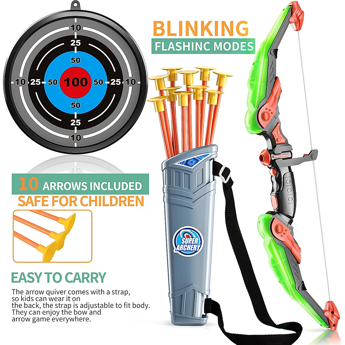 TEMI Kids Bow and Arrow Set - LED Light Up Archery Toy Set with 10 Suction Cup Arrows, Target & Quiver, Indoor and Outdoor Toys for Children Boys Girls