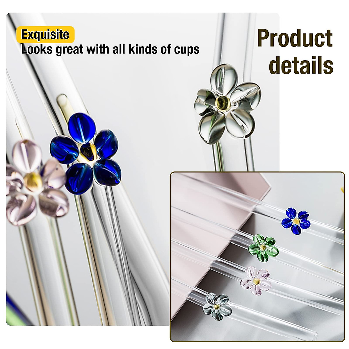 Reusable Glass Straw with Flower,Shatter Resistant Bend Glass Straws with Design Flower Decorative Cocktails Bar Accessories with Cleaning Brush (16)