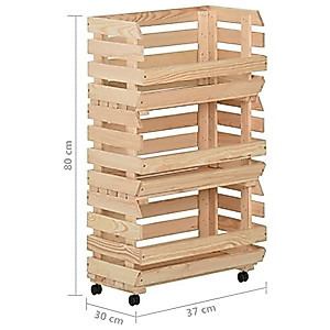 loibinfen Wooden Vegetable Trolley, 3-Tier Wood Kitchen Rolling Cart, Wood Trolley Island Cart, Utility Cart Multi-Layer Storage Shelf Rack on Wheels, 14.6"x11.8"x31.5" Solid Wood Pine -295