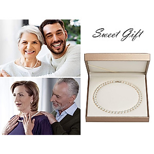 SWEETV 8.0-8.5mm Pearl Necklace for Women Round White Pearl Strand Necklaces in 18" Princess Length Sterling Silver Pearl Necklace for Anniversary Mother's Day