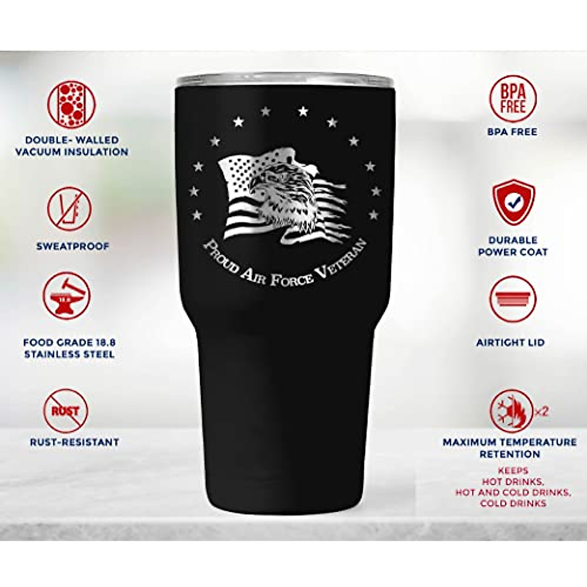 US Air Force Veteran 30oz Patriotic Tumbler - American Flag Tumbler Travel Mug - Patriotic Coffee Travel Mug - Double Insulated 30oz Tumbler - Engraved in the USA - (Air Force Veteran)