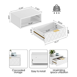 Aobafuir Floating Nightstand Shelf with Drawer, Small Modern Wall Mounted Nightstand, Shelves for Bedroom, White Diamond