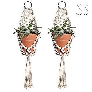 Boho Macrame Plant Hangers - Handmade Hemp Rope Hanging Baskets for Indoor Plants with Ceiling Hooks, Bohemian Home Decor Outdoor Wall Art